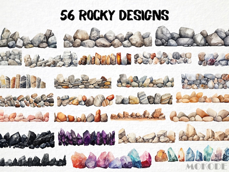 Watercolor Rock Borders - 56 Clipart Bundle, DIY Stone Graphics ...