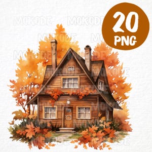 Watercolor Autumn House Clipart, Fall Woodland Scene (20 PNG) - Etsy