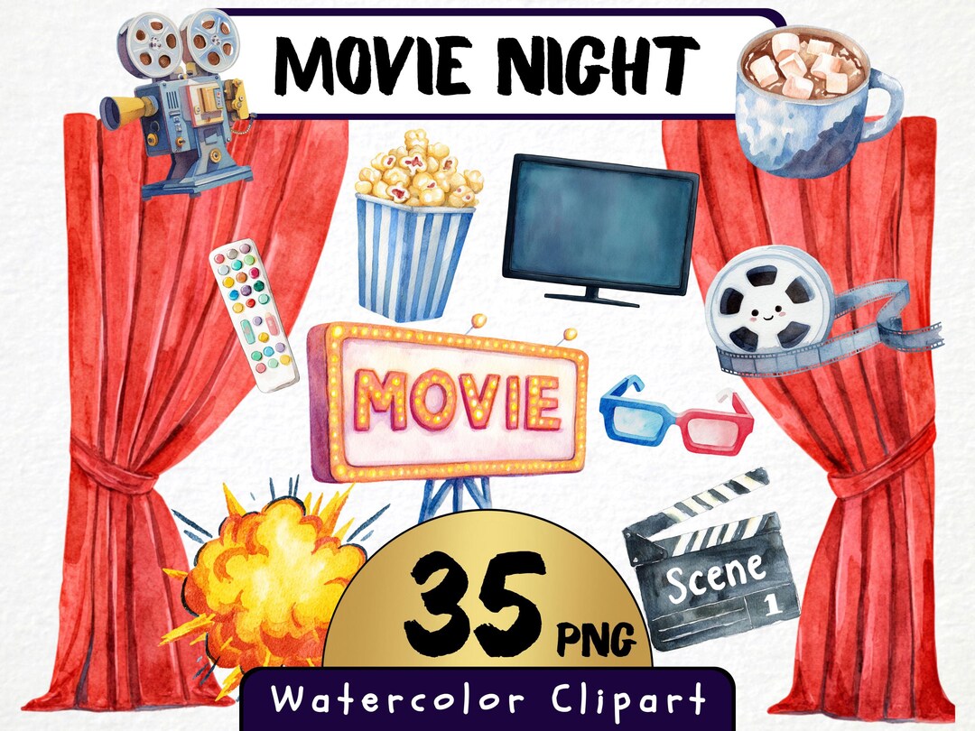 Movie Night Clipart 35 PNG, Watercolor Cinema Illustrations, Popcorn ...