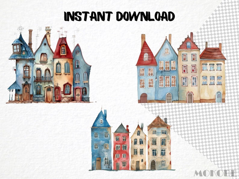 Quirky House Clipart, Watercolor City, Caricature Buildings (17 PNG) - Etsy