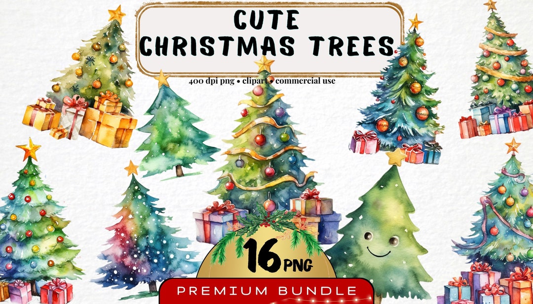 Watercolor Nursery Christmas Tree Clipart, Set of 16, Bundle Festive ...