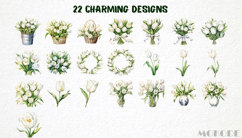 White Tulip Clipart, Set of 22, Watercolor Tulip Png, Botanical Art ...