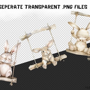 Watercolor Bunny Sitting on Swing Clipart 10 Png, Cute Nursery Animal ...