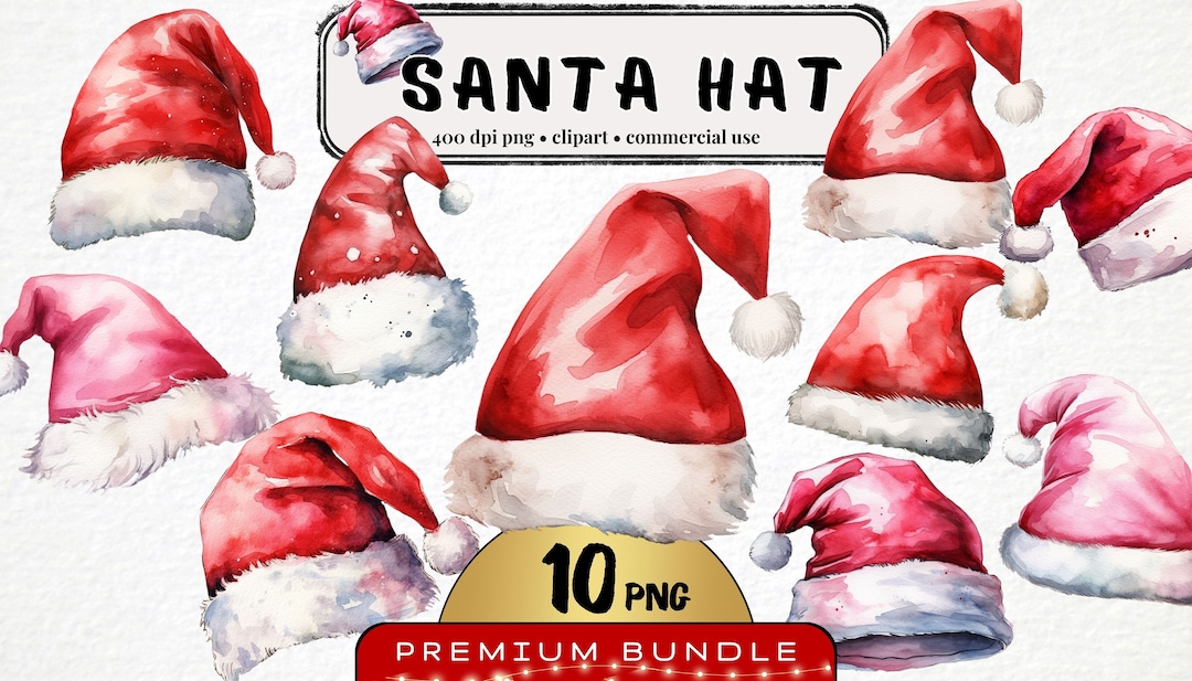 Watercolor Santa Hat Clipart Bundle, Set of 10, Watercolor Christmas ...