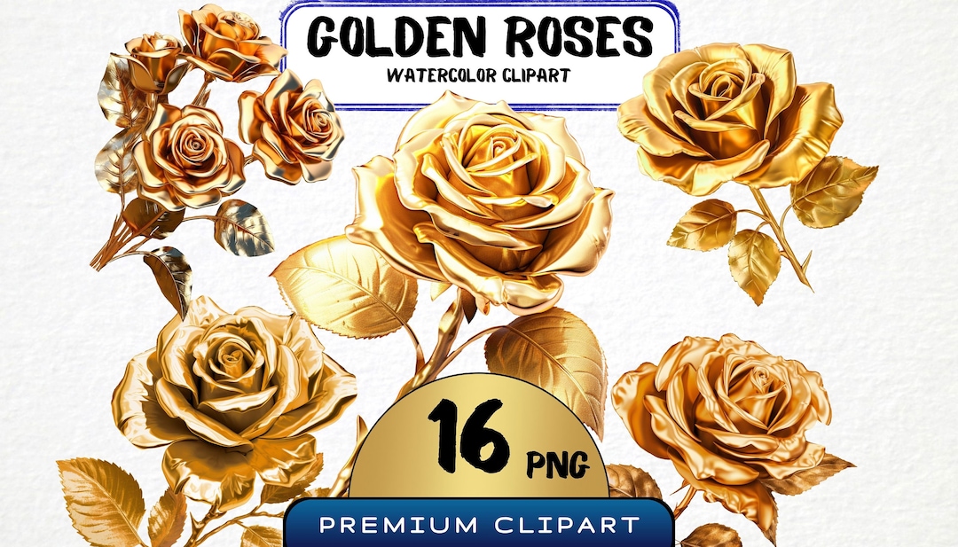 Golden Rose Clipart, 16 Metallic Floral Graphics, Gold Flower Png ...