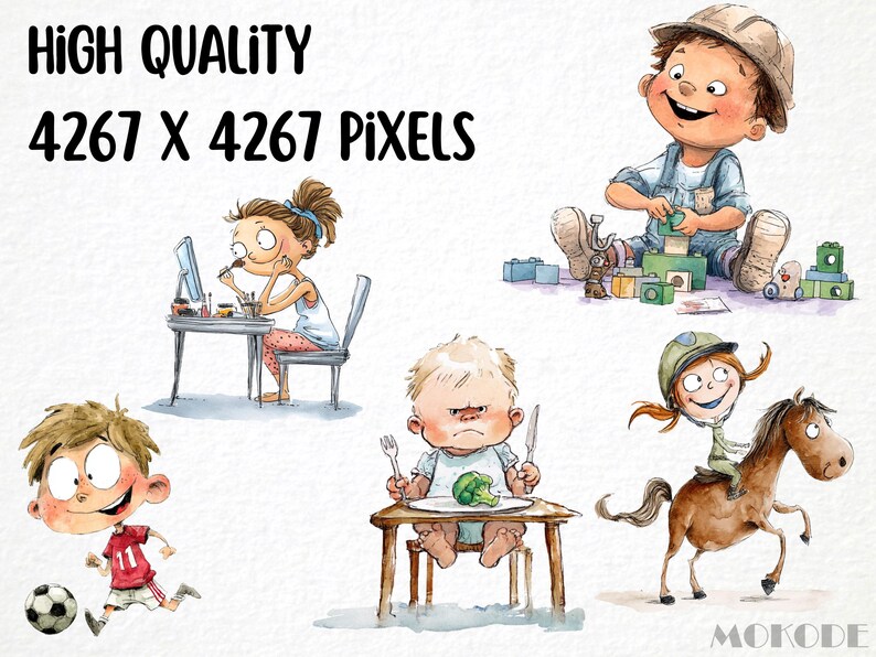 Funny Kids Watercolor Clipart, School Illustrations (75 PNG) (digital ...