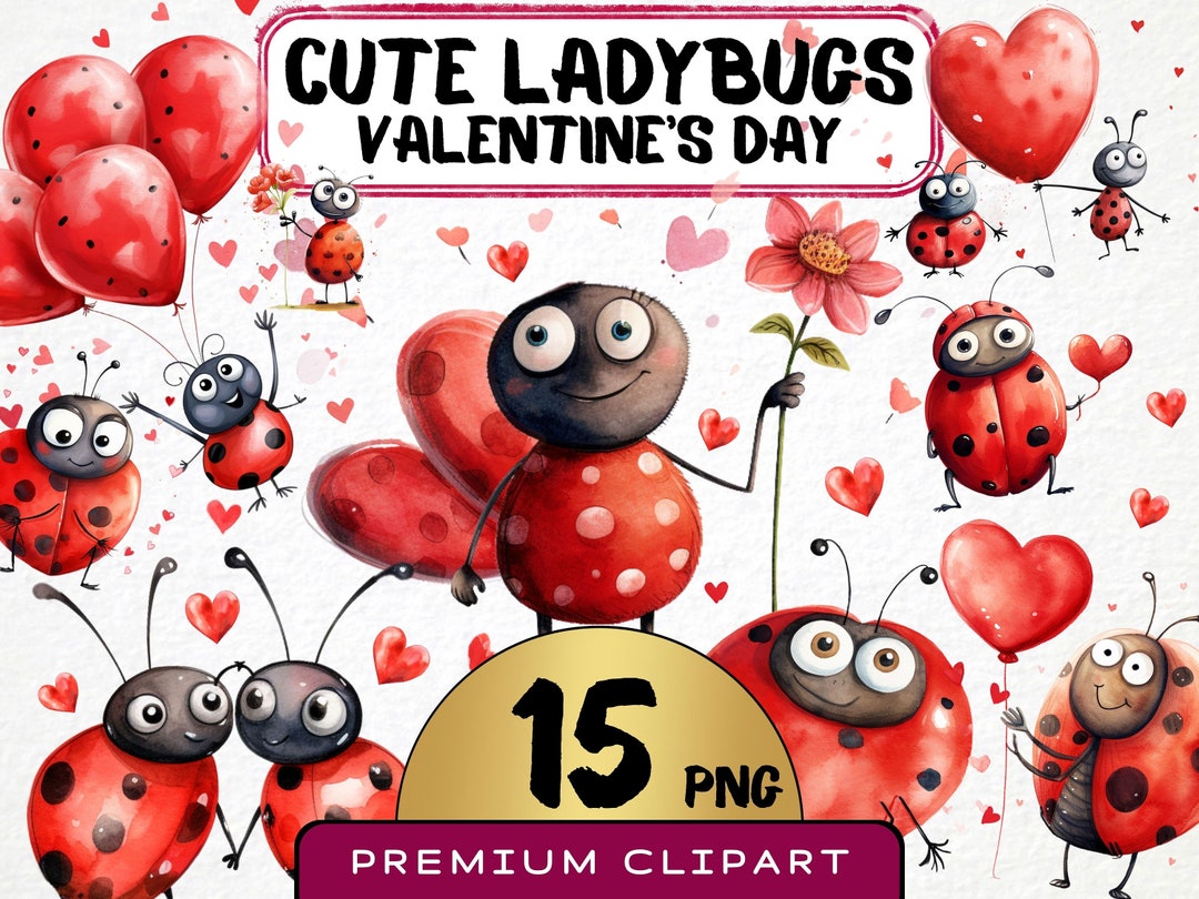 Valentine's Cute Ladybugs Clipart Bundle, 15 PNG, Valentine's Day ...
