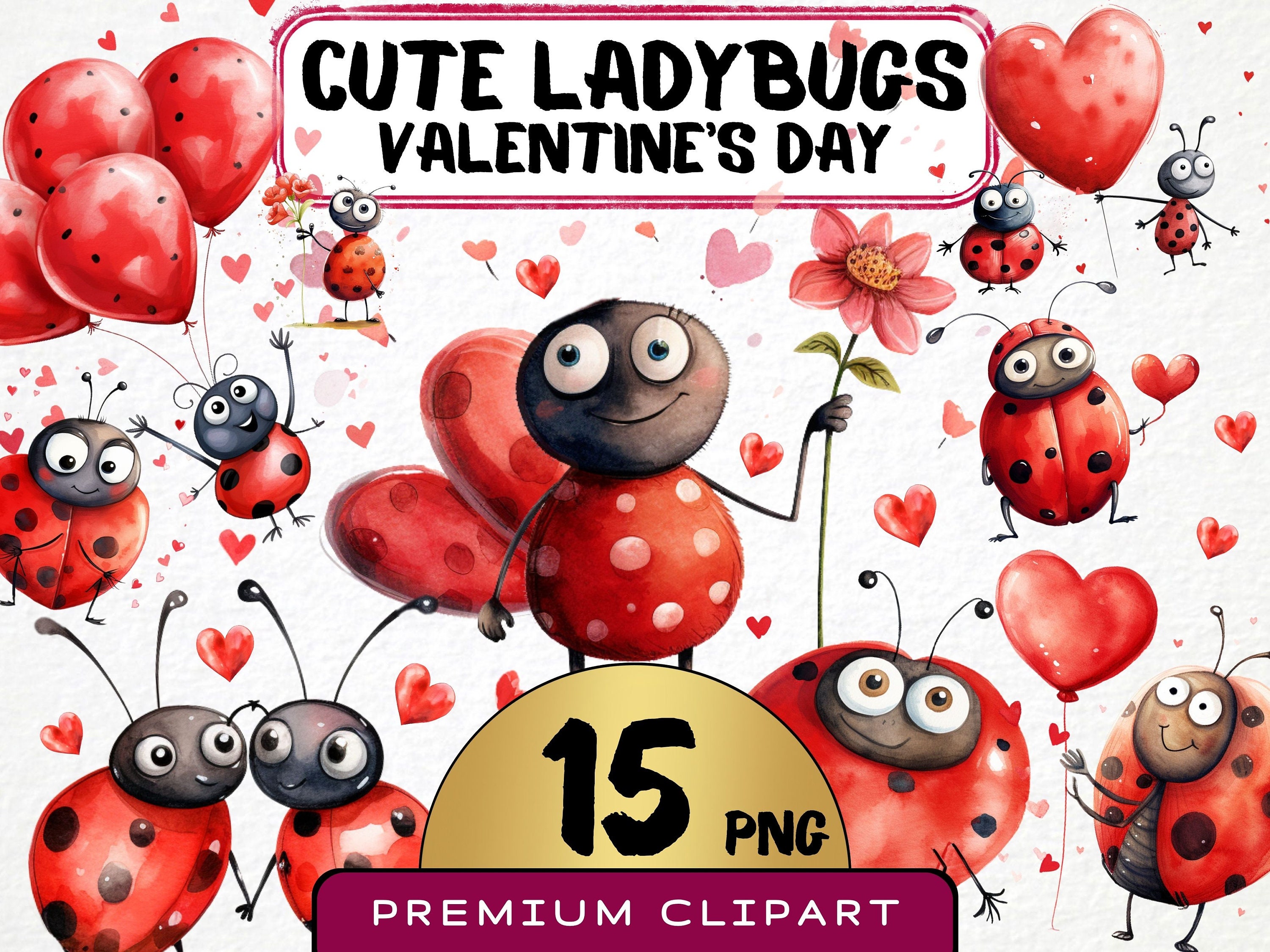 Watercolor Ladybug Clipart, Valentine's Day Graphics (15 PNG) (digital ...
