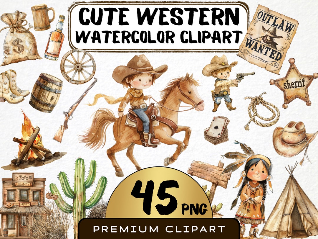 Watercolor Cute Cowboy Clipart 45 Png, Western Clipart, Wild West ...