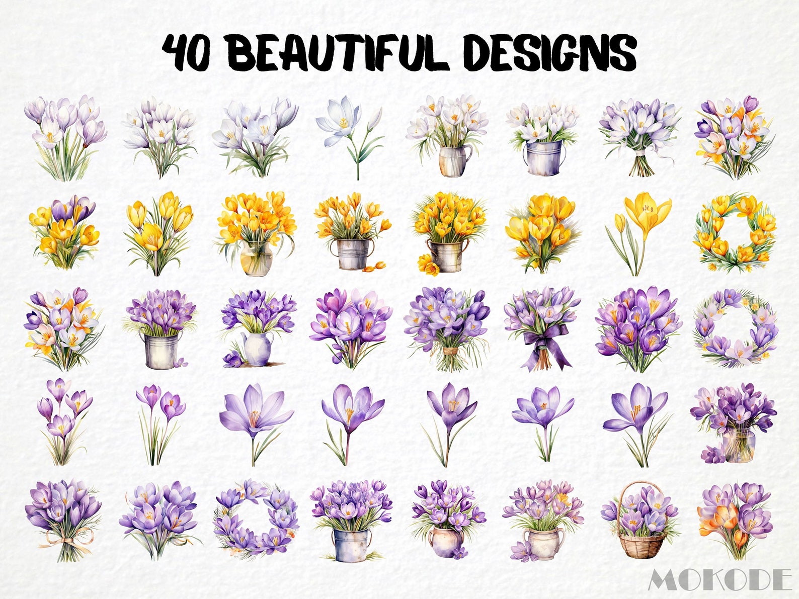 Crocus Flower Clipart, Set of 40, Watercolor Crocus Art, Flower Bouquet ...