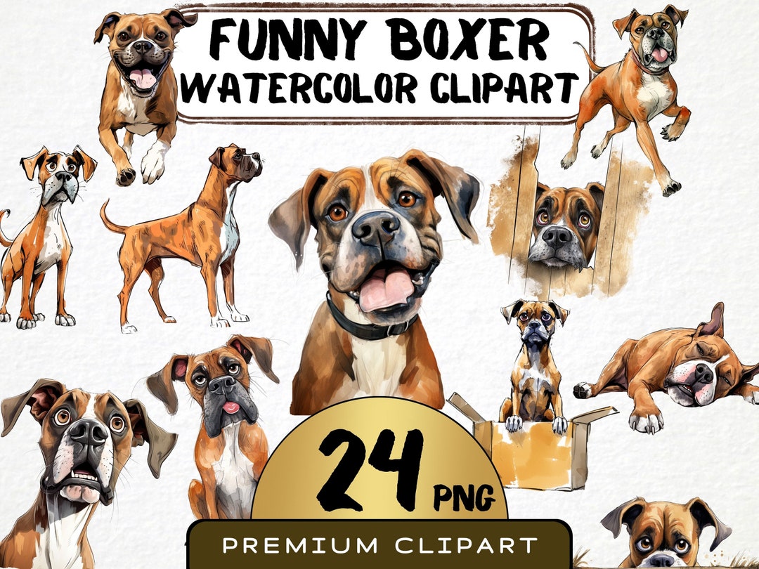 Funny Boxer Dog Clipart 26 Png, Cute Caricature Pet, Puppies Watercolor ...
