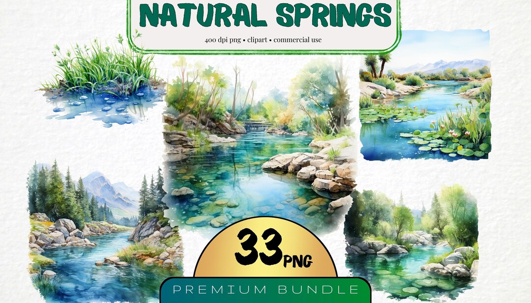 Watercolor Natural Spring Clipart, Set of 33, Freshwater Springs ...