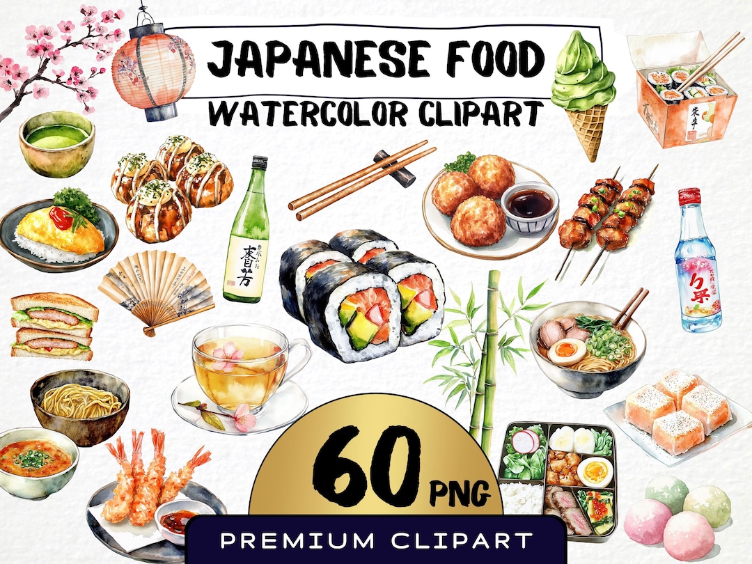 Watercolor Japanese Food Clipart 60 Png, Asian Kitchen Graphics, Sushi ...