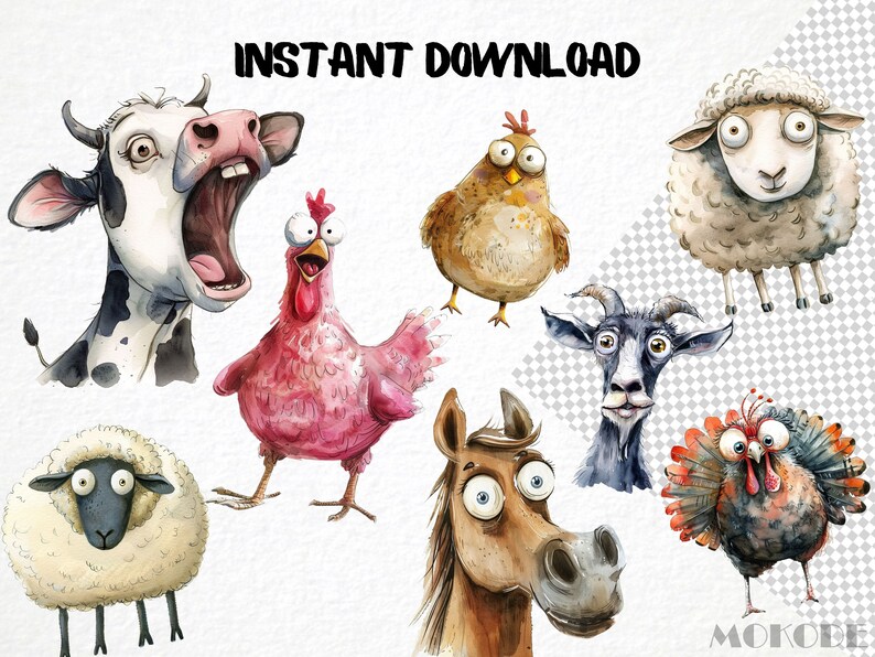 Funny Farm Animals Watercolor Clipart, Caricature Style (46 PNG) - Etsy