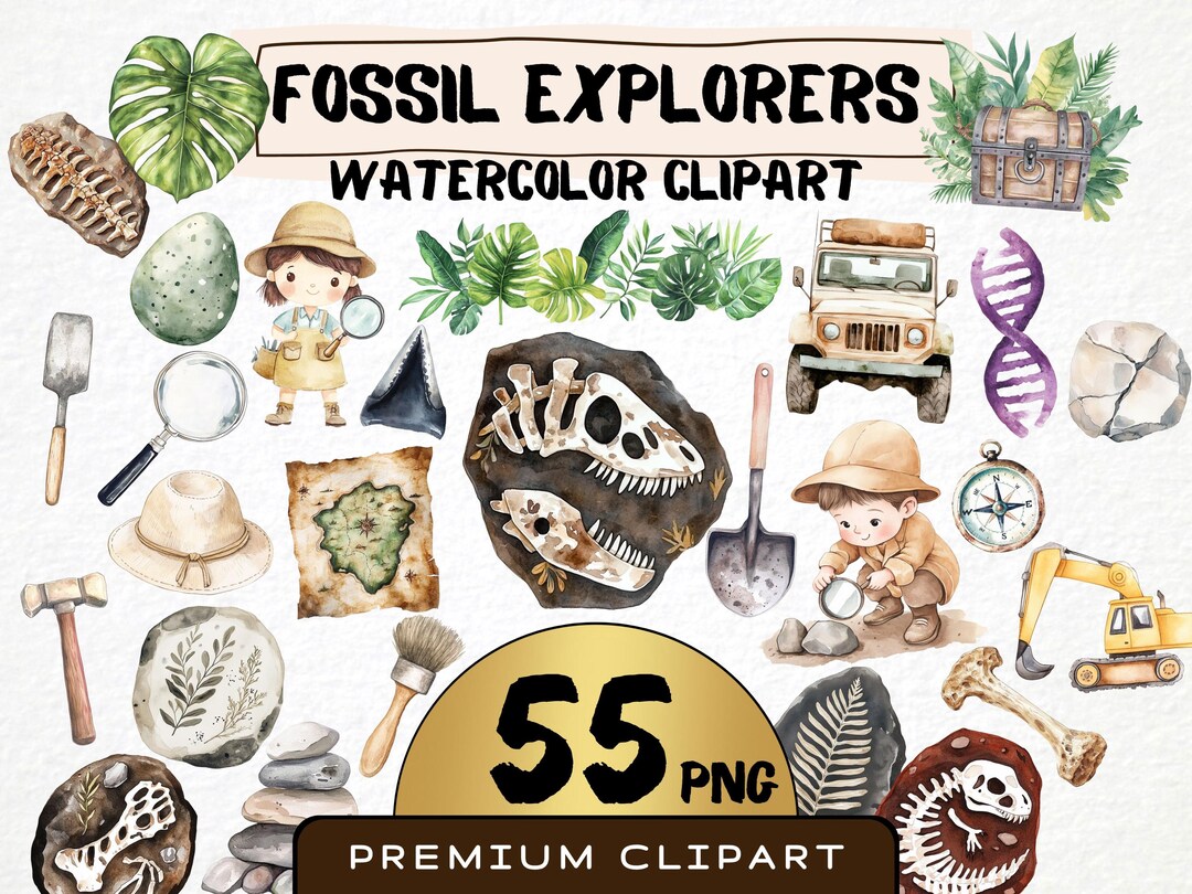 Watercolor Fossil Explorers Clipart 55 Png Cute Nursery Dino Bones ...