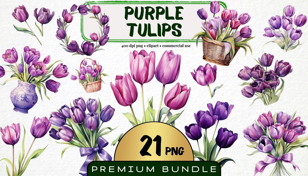 Purple Tulip Clipart, Set of 21, Watercolor Tulip Png, Botanical Art ...
