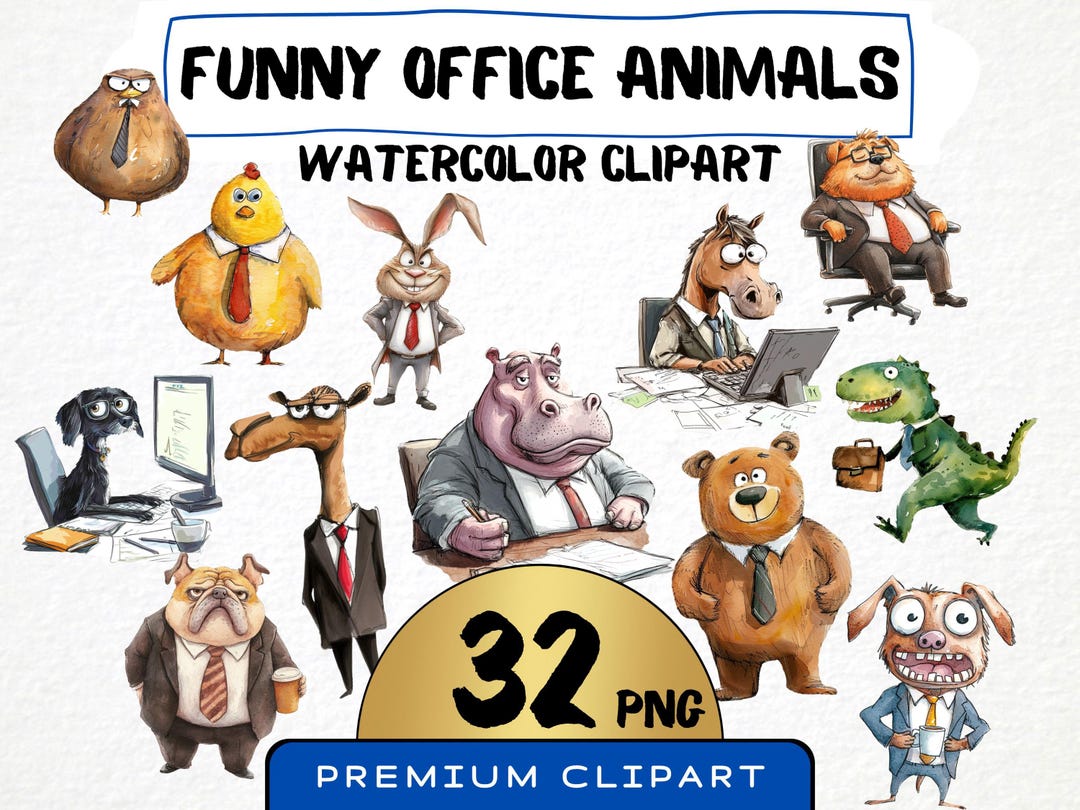 Funny Office Animals Clipart, Cute Cartoon Business Animals (digital ...