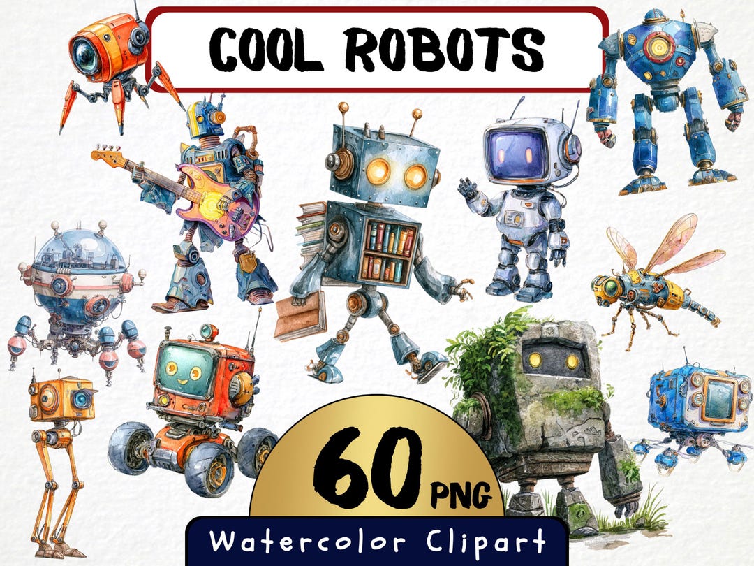 Cool Robots Clipart 60 PNG, Watercolor Cartoon Characters, War Bots ...