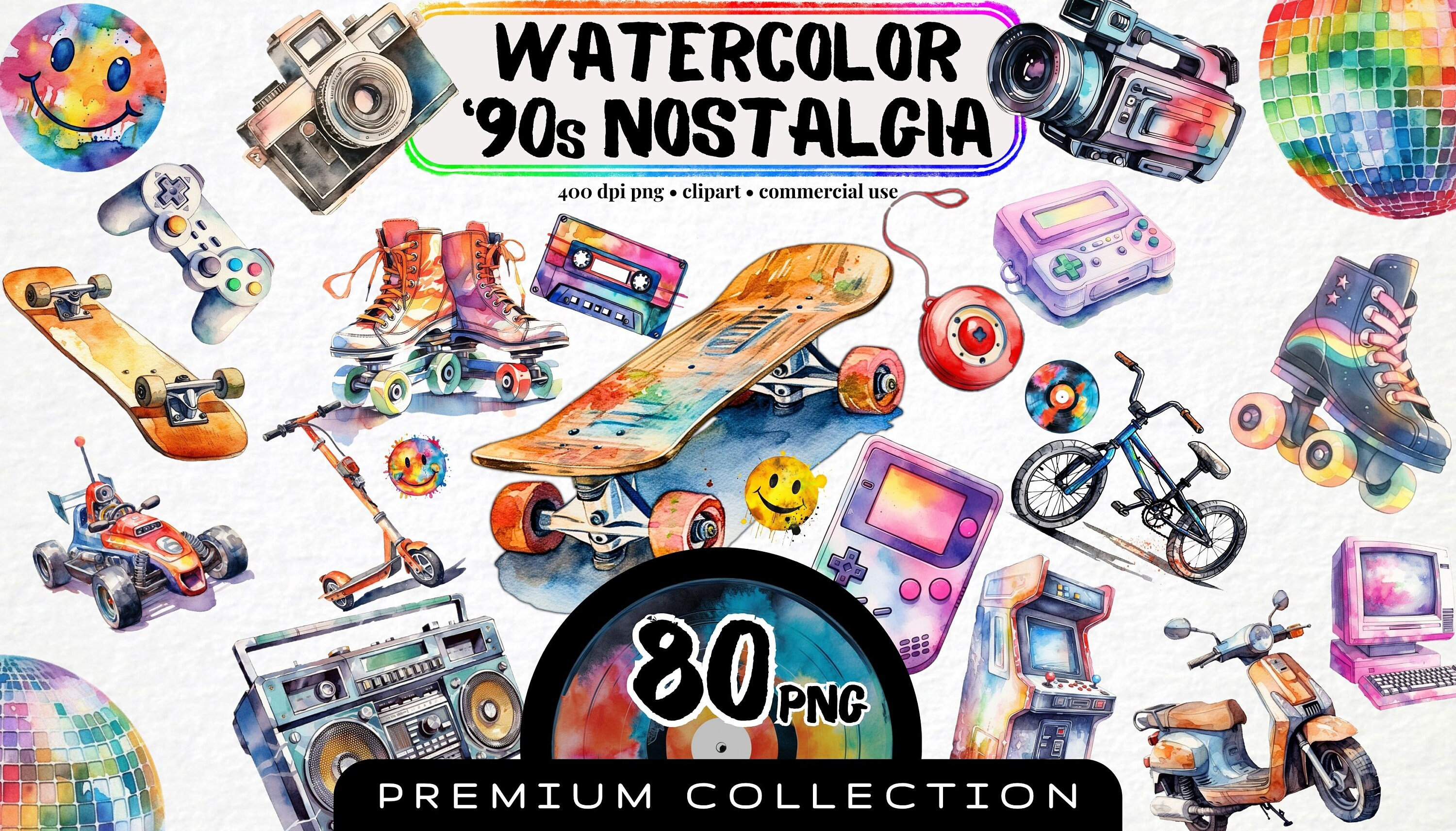 Nostalgic '90s Clipart, Set of 80, Watercolor Vintage Retro Clipart ...