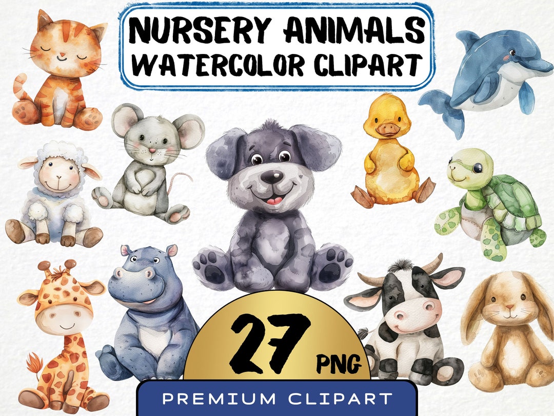 Watercolor Nursery Animal Clipart, Cute Stuffed Animals (27 PNG ...