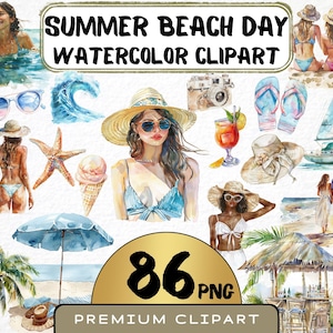 Summer Beach Day Clipart 86 Png, Watercolor Girl Vacation, Travel ...