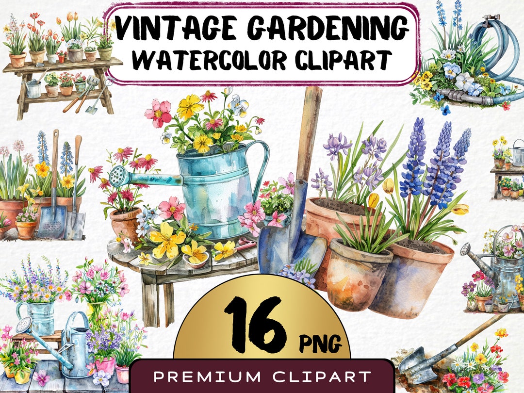 Watercolor Gardening Clipart, Vintage Spring Garden Tools (instant ...