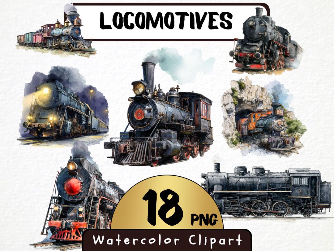 Watercolor Steam Train Clipart, Vintage Locomotives PNG (instant ...
