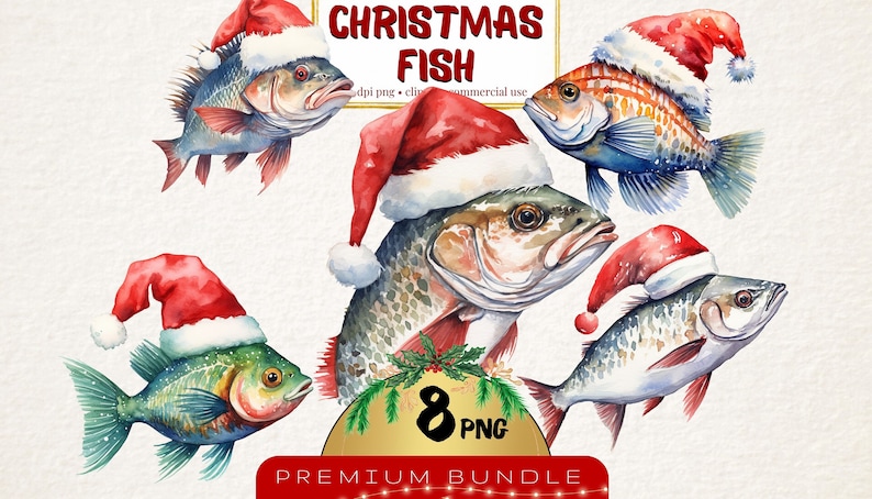 Christmas Funny Fish Clipart, Set of 8, Watercolor Festive Animals ...