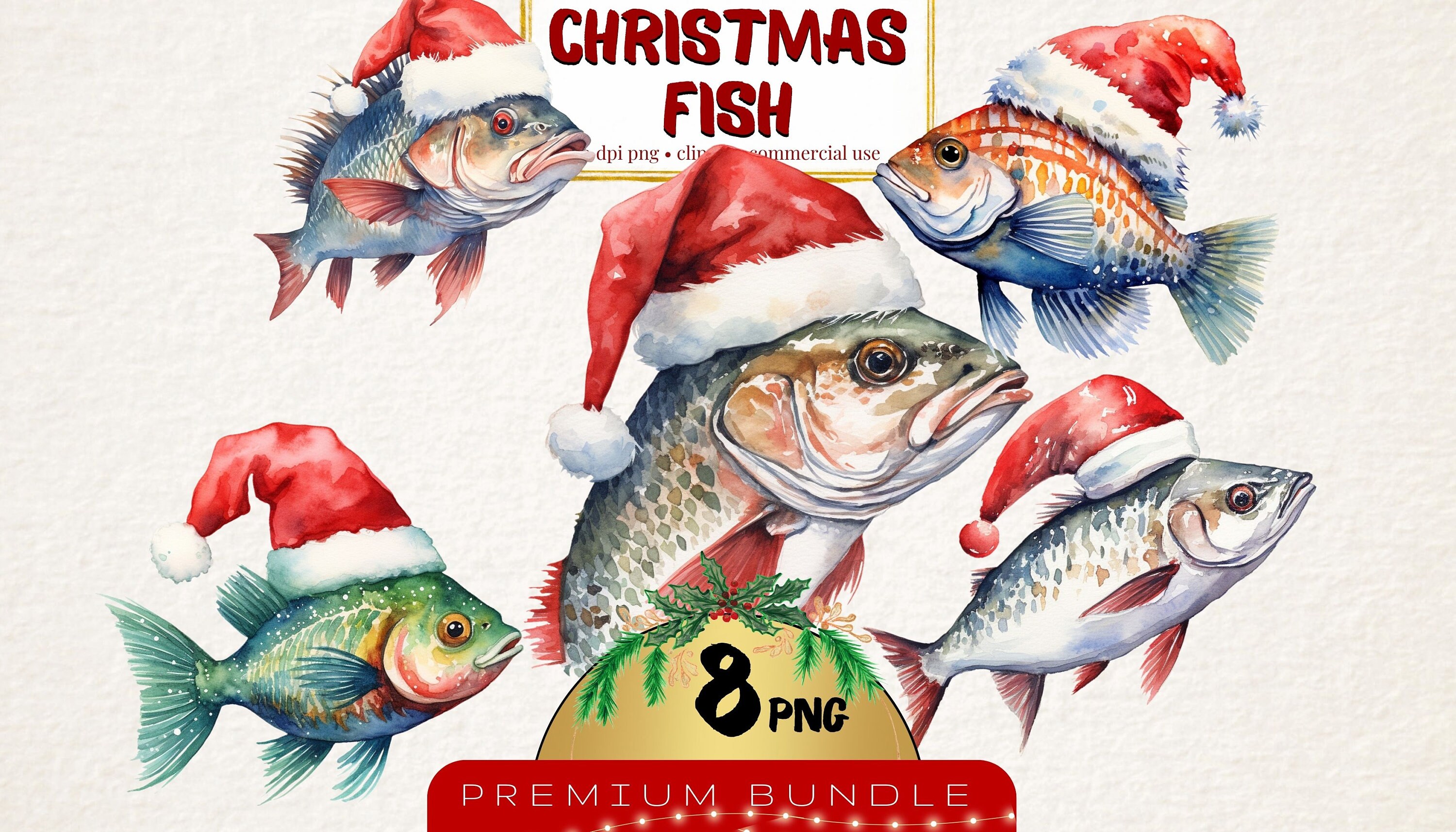 Watercolor Christmas Fish Clipart, Festive Animals PNG (set of 8) - Etsy