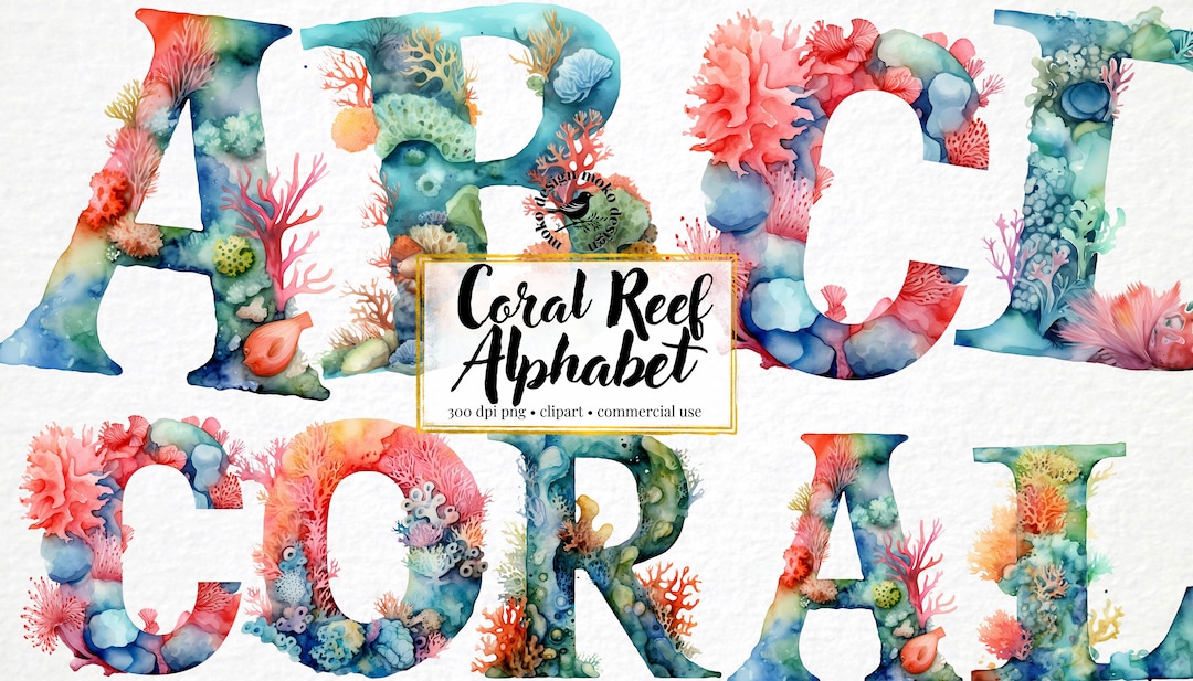 Watercolor Coral Reef Alphabet Clipart, Nautical Ocean Letters (digital ...