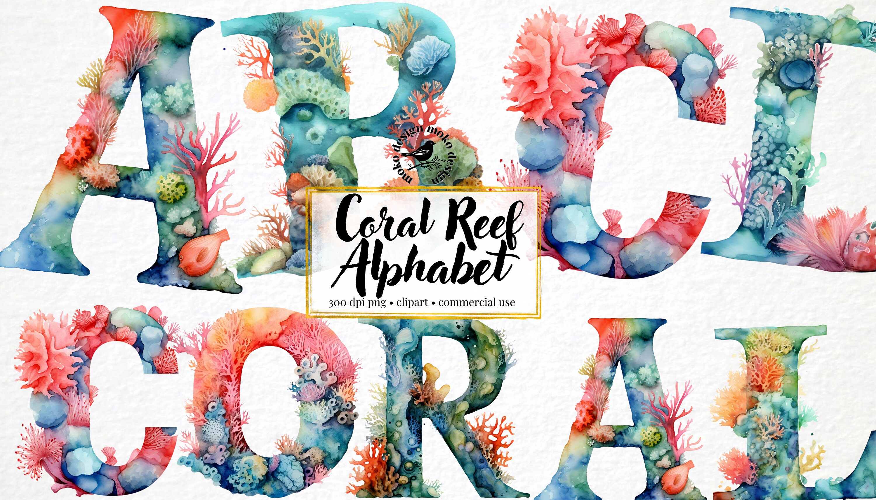 Watercolor Nautical Alphabet Clip Art Font Coral Reef - Etsy