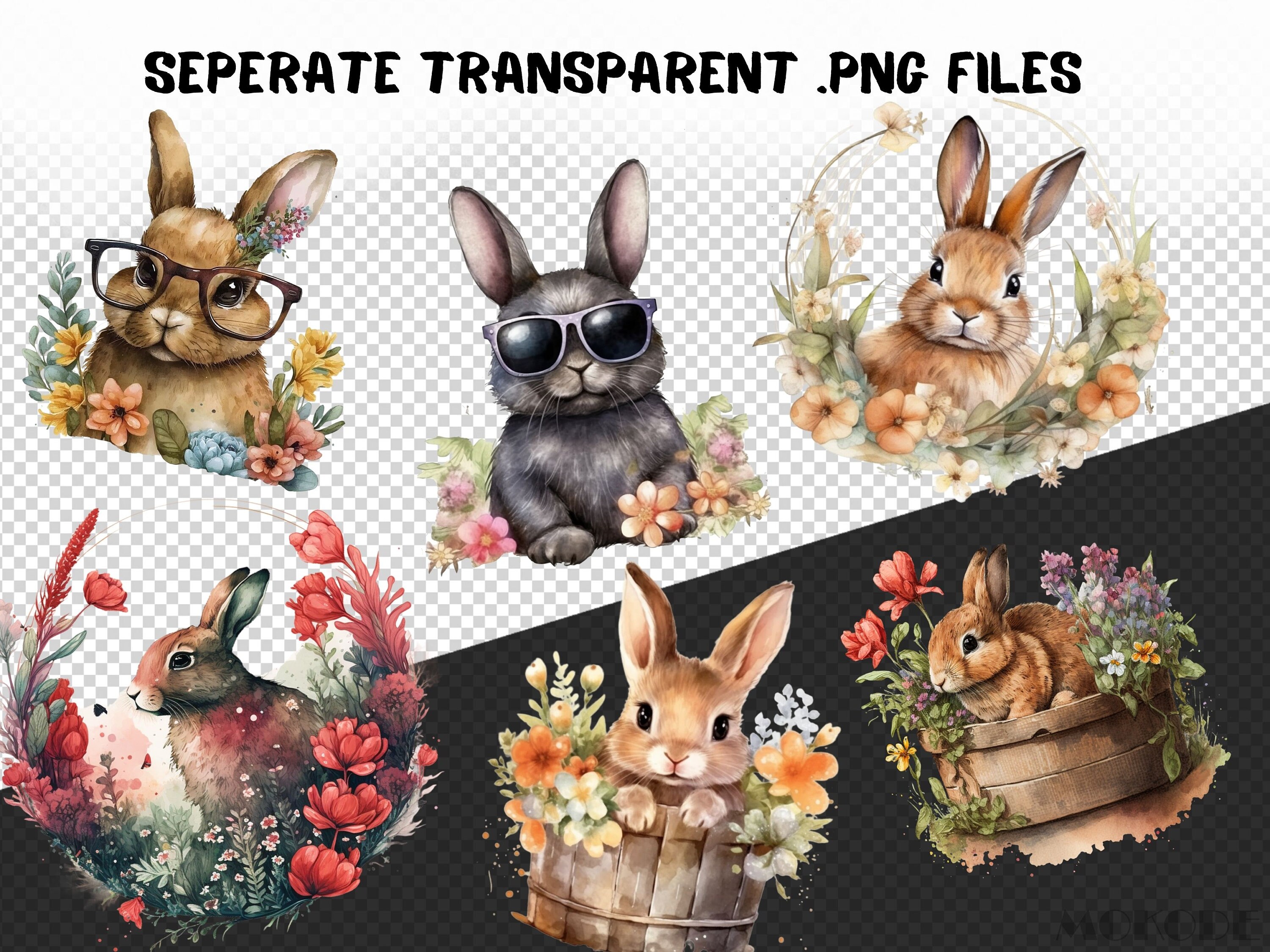 Cute Bunny Megabundle Clipart 125 Png, Watercolor, Floral Pet, Rabbit ...