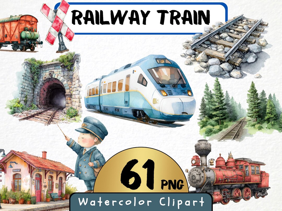 Watercolor Train Clipart Bundle, Railway Art (61 PNG) (digital Download ...