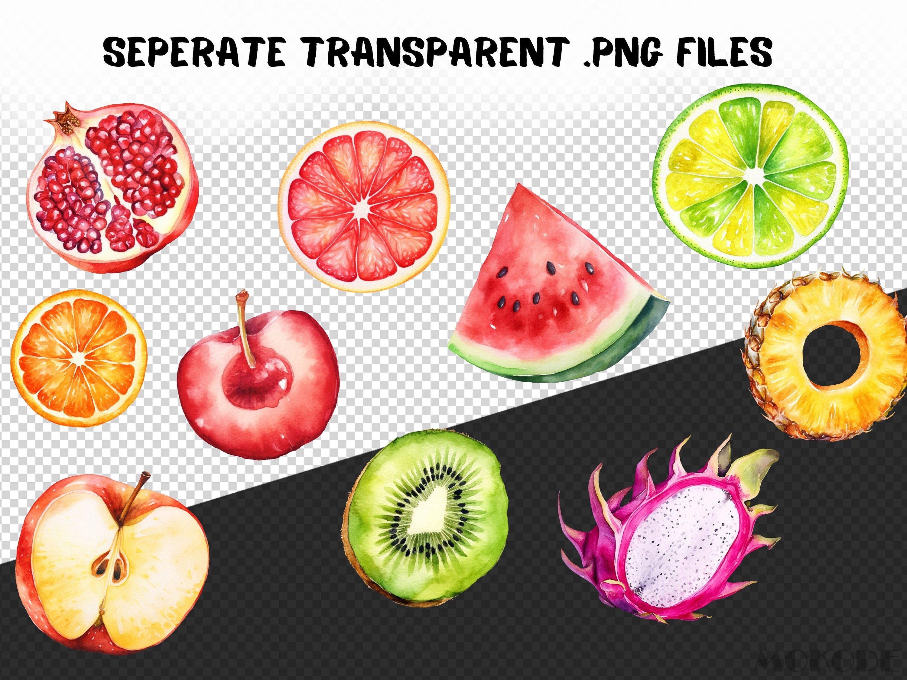 Watercolor Fruit Slices Clipart 30 Png Sweet Fruits Cut in - Etsy