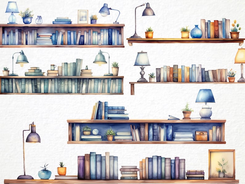Watercolor Book Border Clipart – Library Bookshelf Graphics (62 PNG) - Etsy
