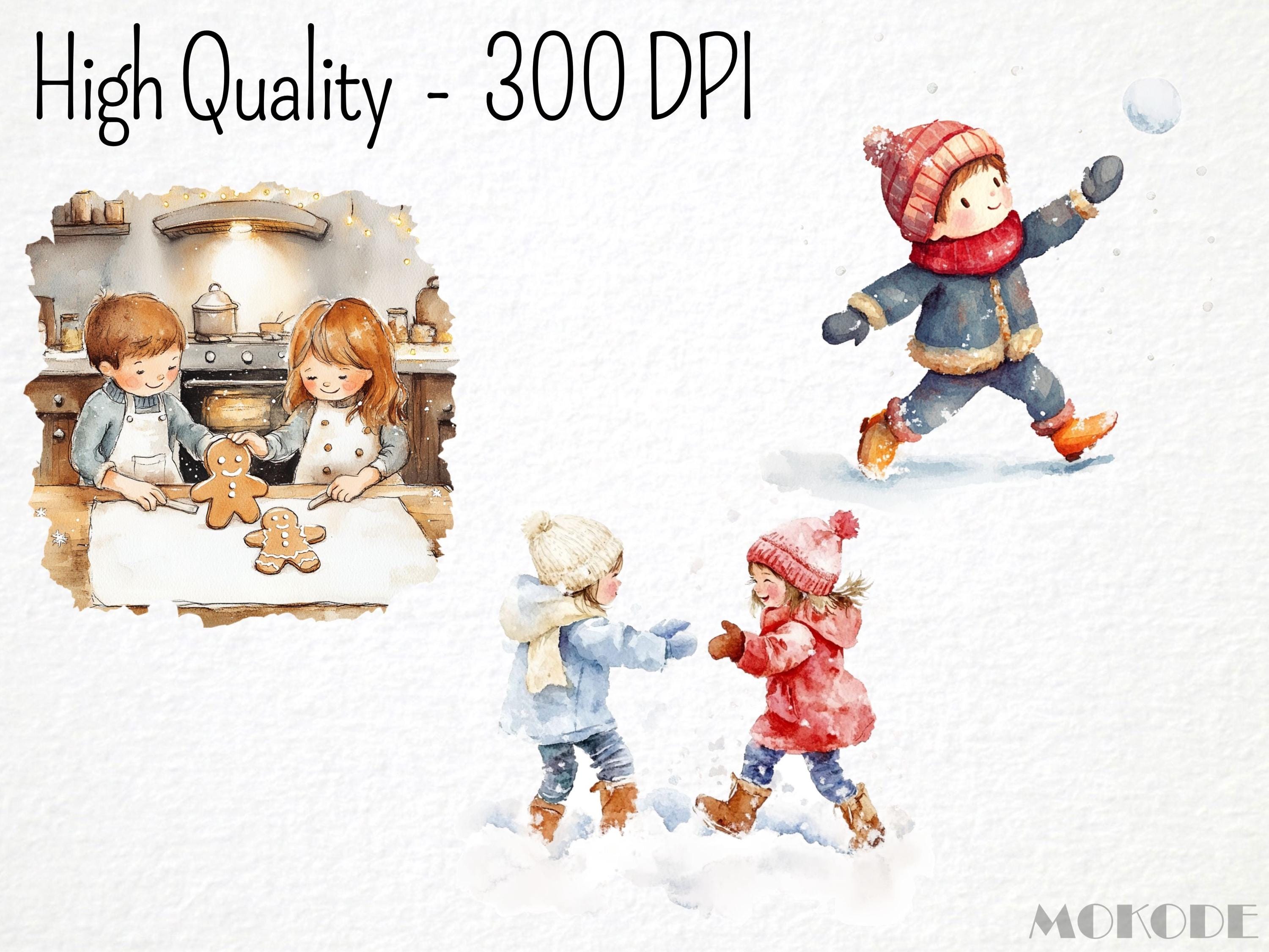 Watercolor Winter Fun Clipart 22 Png, Kids Playing in Snow, Christmas ...