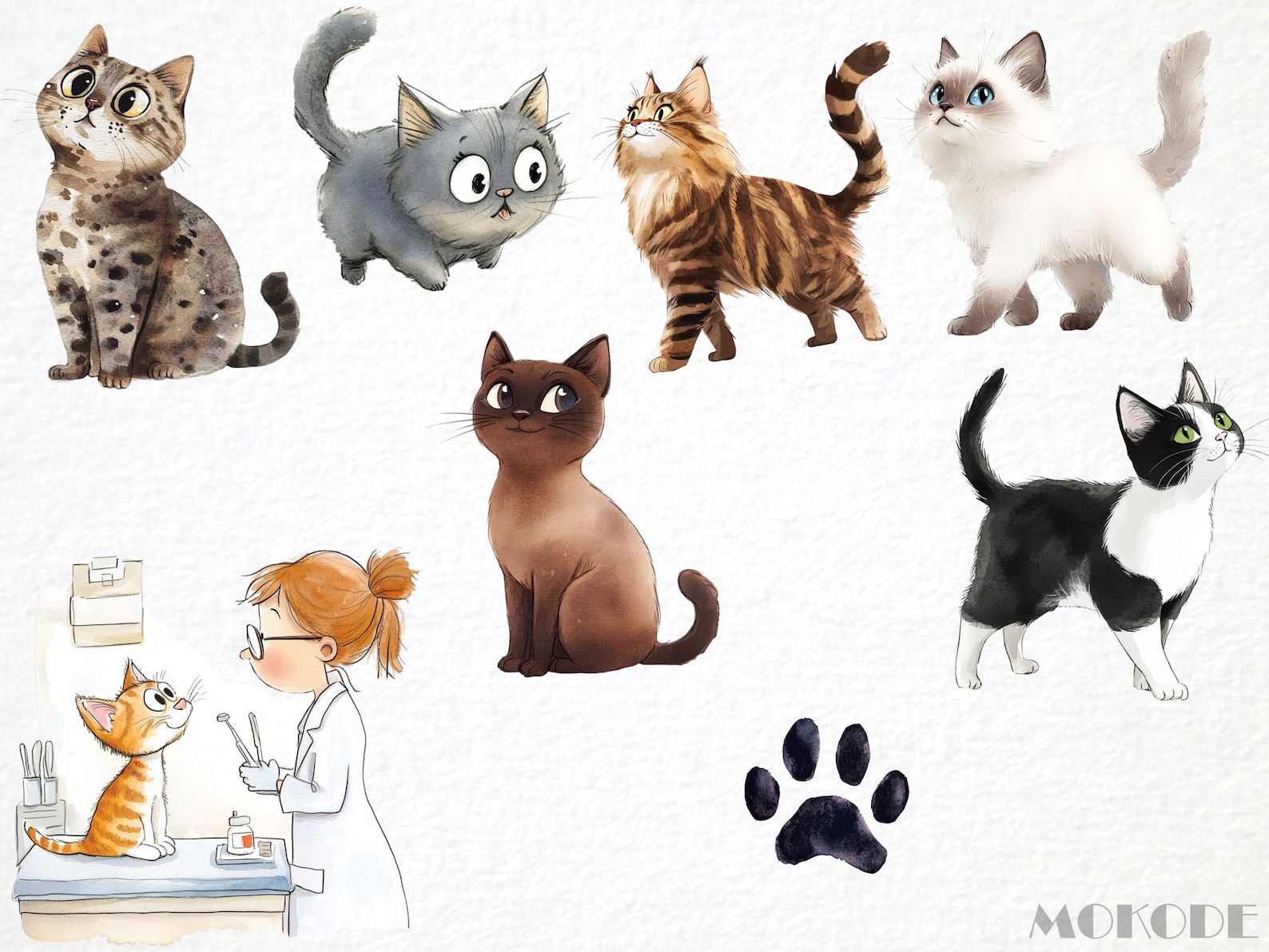 Funny Cat Life Watercolor Clipart, Pet Owner Gift (65 PNG Digital ...