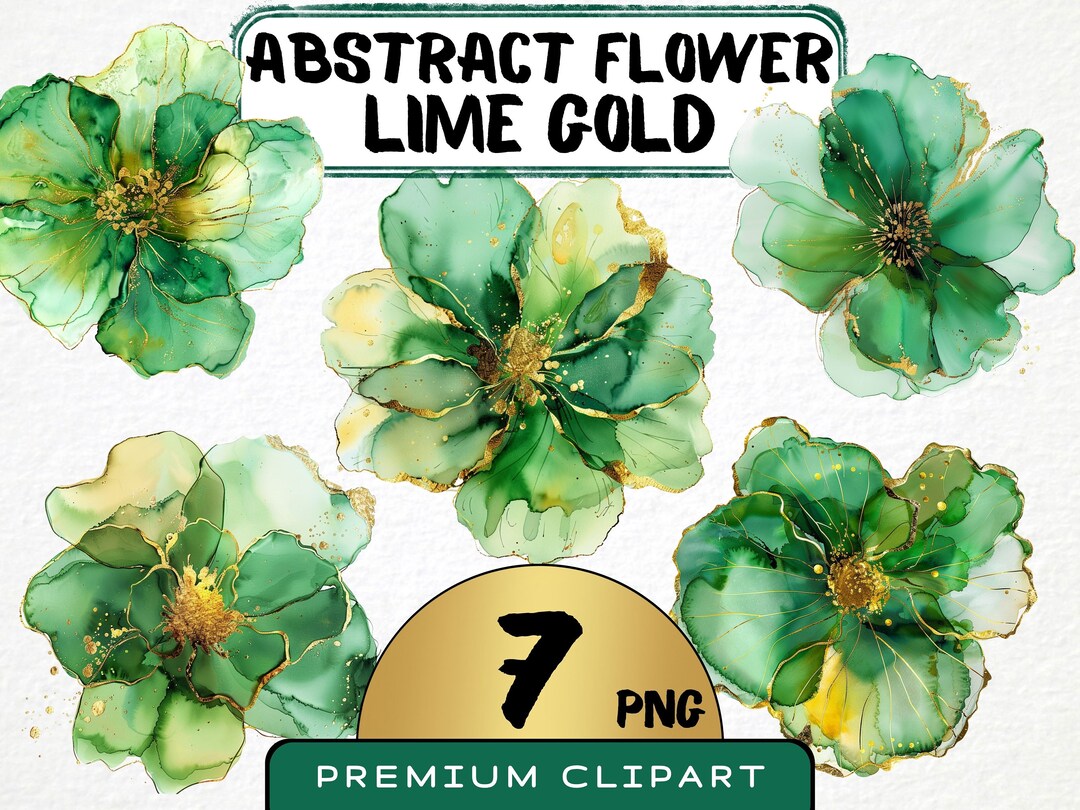 Abstract Green Gold Flower Clipart 7 Png, Watercolor Floral Alcohol Ink ...