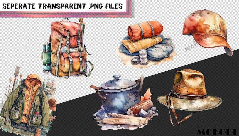 Watercolor Camping Clipart Bundle, Outdoor Adventure PNG, SVG (set of ...