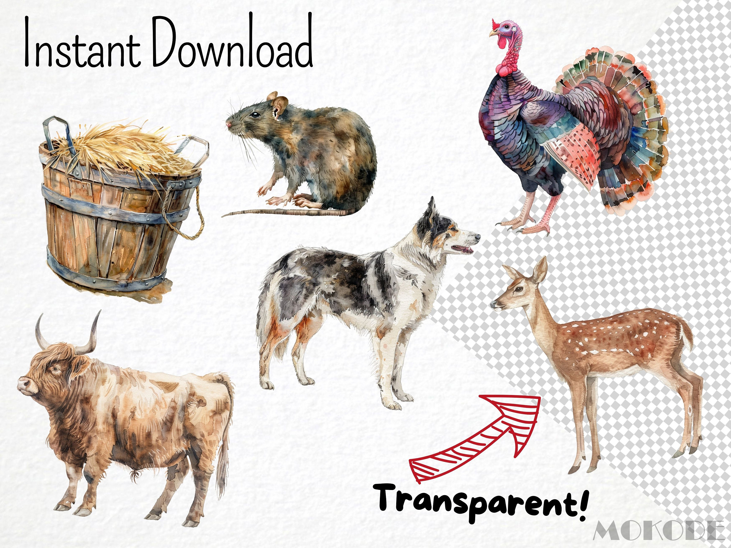 Watercolor Farm Animals Clipart, Cute Illustrations (40 PNG Digital ...