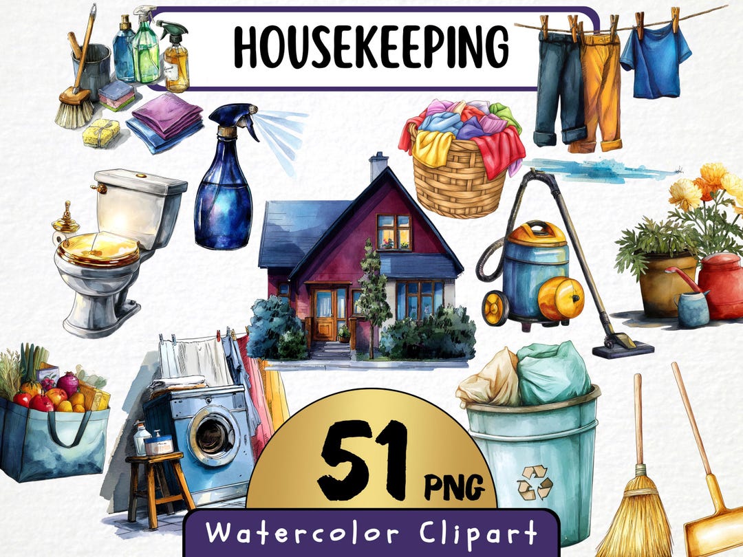 Watercolor Housekeeping Clipart, Household Chores, Laundry (commercial ...