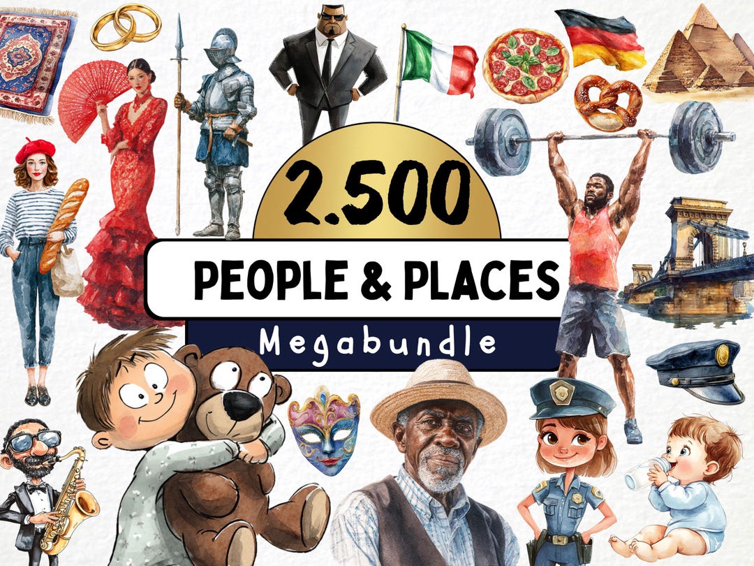 People & Places Clipart Megabundle, Watercolor Jobs 2500+ PNG Graphics ...