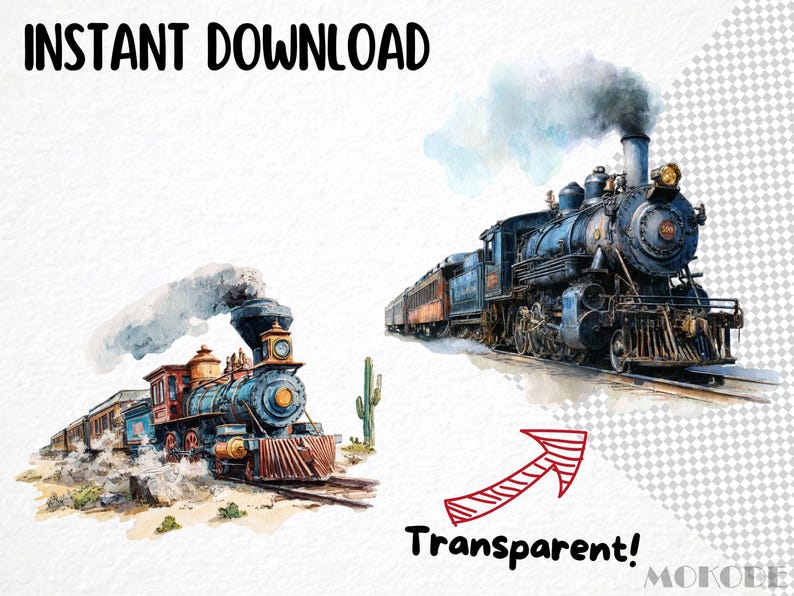Watercolor Steam Train Clipart, Vintage Locomotives PNG (instant ...