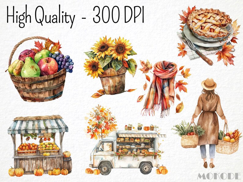 Watercolor Autumn Market Clipart, 51 PNG, Fall Food Truck (digital ...