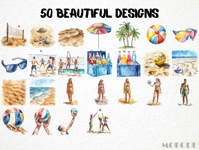 Beach Volleyball Watercolor Clipart, Summer Sports (50 PNG) (digital ...