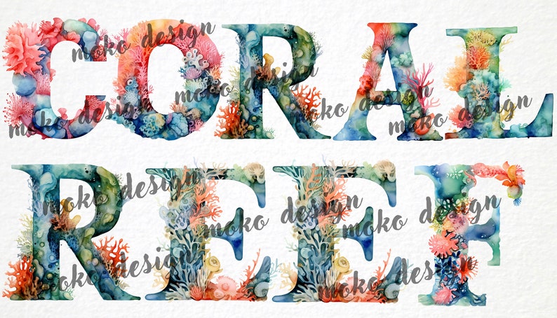 Watercolor Nautical Alphabet Clip Art Font Coral Reef Watercolor ...