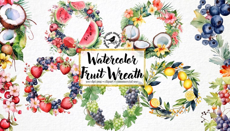 Watercolor Fruit Wreath Clip Art Summer Fruits Wedding - Etsy