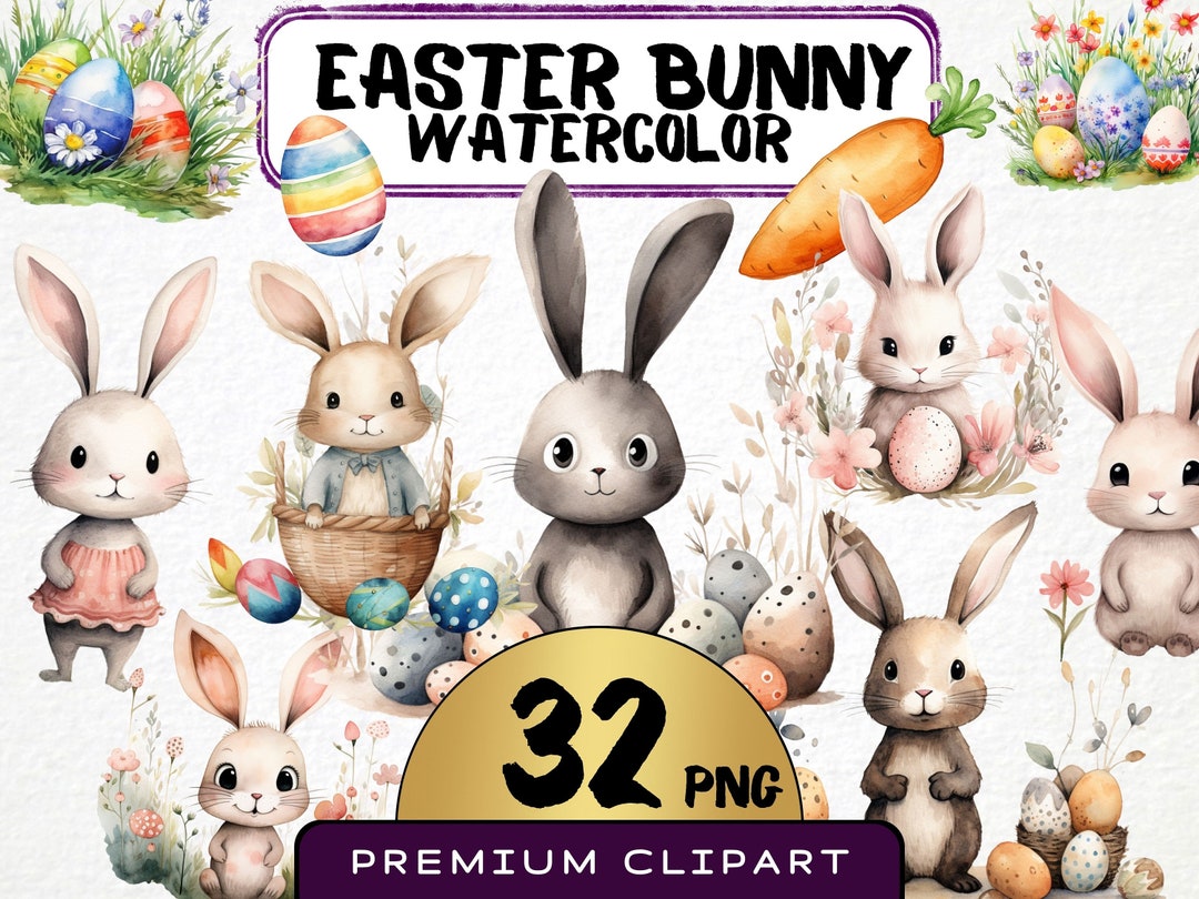Cute Easter Bunny Clipart, 32 PNG, Pastel Watercolor Spring Bunnies ...