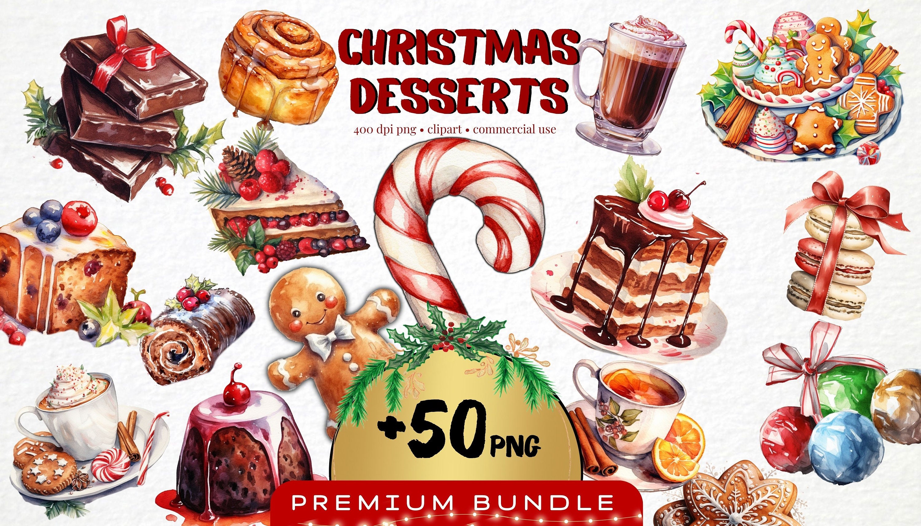 Watercolor Christmas Dessert Clipart, Set of 50, Christmas Cake ...