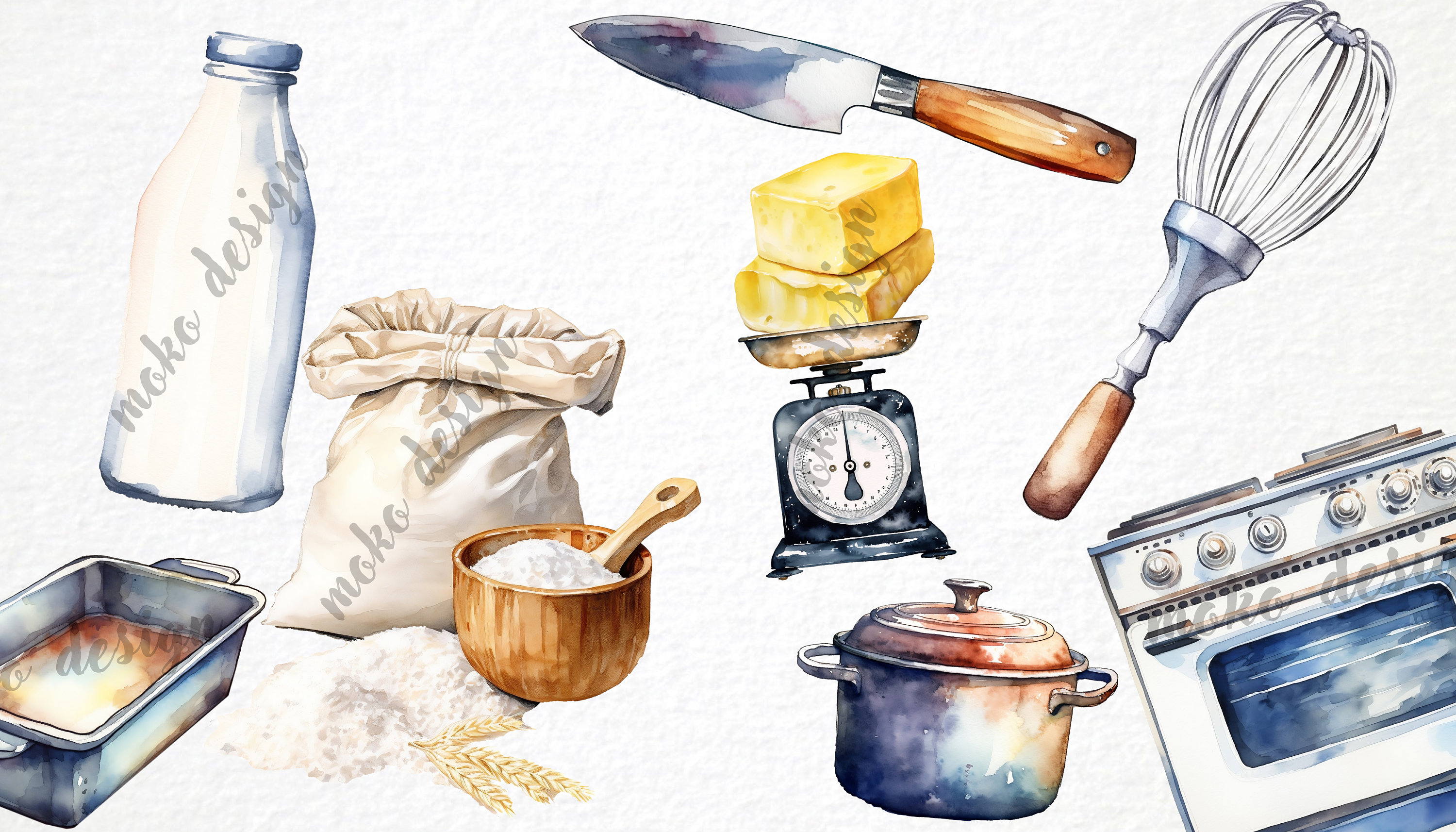 Aquarell Backen Clipart: Küche Zubehör, Dessert PNG (digitaler Download ...